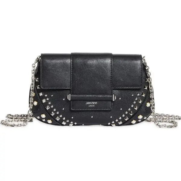 JIMMY CHOO Bar Studded Leather Wallet On A Chain - Black/ivory/antique Silver