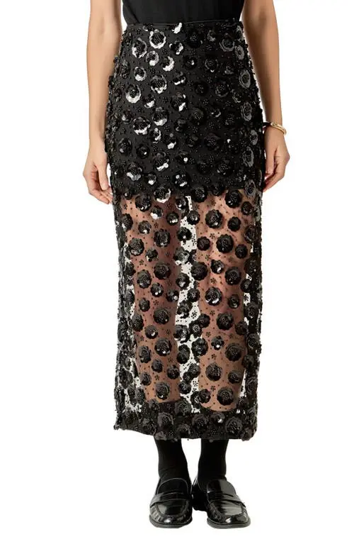 English Factory Flower Sequin Maxi Skirt - Black