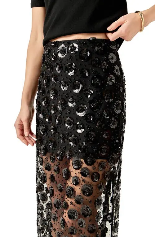 English Factory Flower Sequin Maxi Skirt - Black