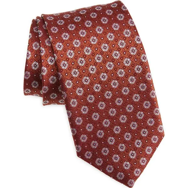 David Donahue Medallion Print Silk Neck Tie - Orange