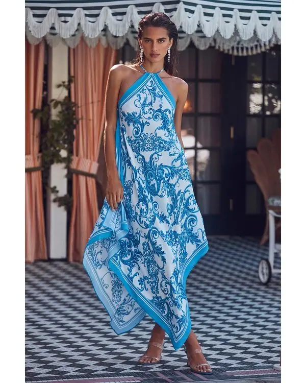 L'Agence Elise Baroque Halter Dress Swim Cover-up - Blue