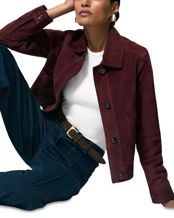REISS Petite Fitted Suede Jacket - Burgundy