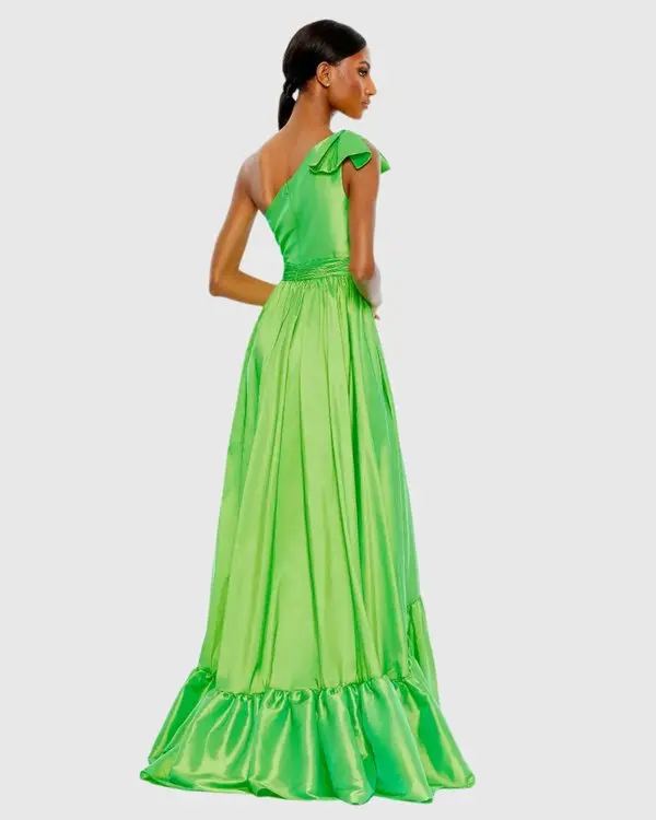 Mac Duggal Bow One-shoulder Ruffle Gown