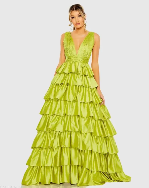 Mac Duggal Ruffle Tiered Pleated Sleeveless V Neck Gown