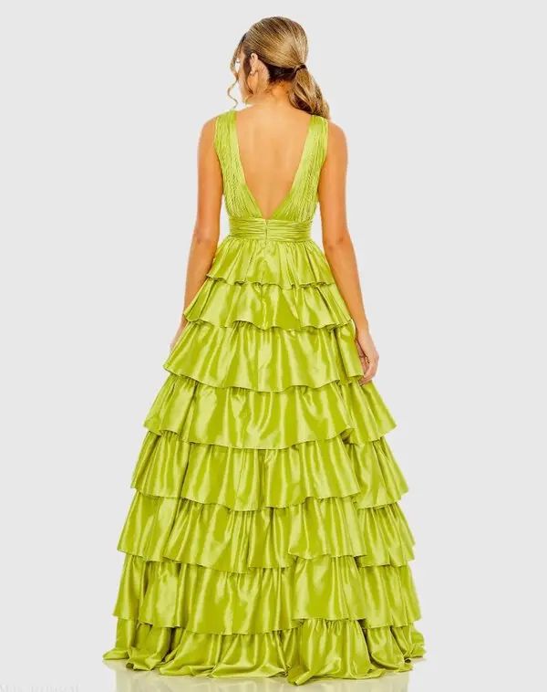 Mac Duggal Ruffle Tiered Pleated Sleeveless V Neck Gown