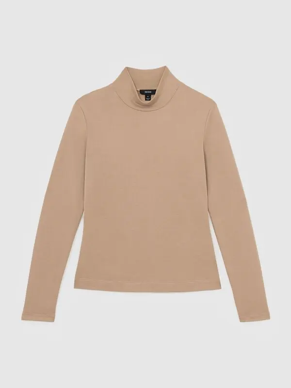 REISS Molly Lyocell-blend Funnel-neck Top - Camel