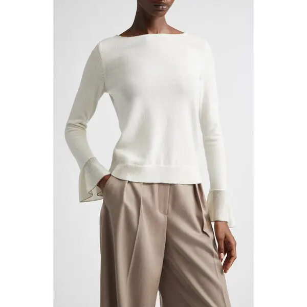 Lafayette 148 New York Cashmere Sweater With Ruffle Cuffs - Cloud