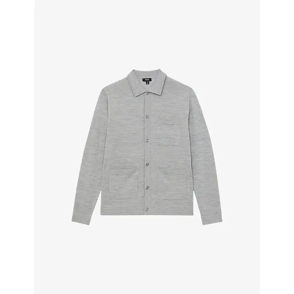 REISS Munich Patch-pocket Wool Cardigan - Soft Grey Mouline