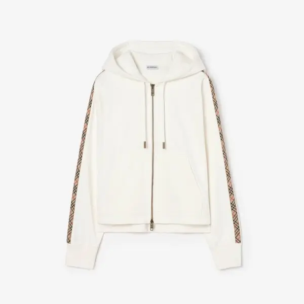 Burberry Check Trim Cotton Zip Hoodie - Chalk White