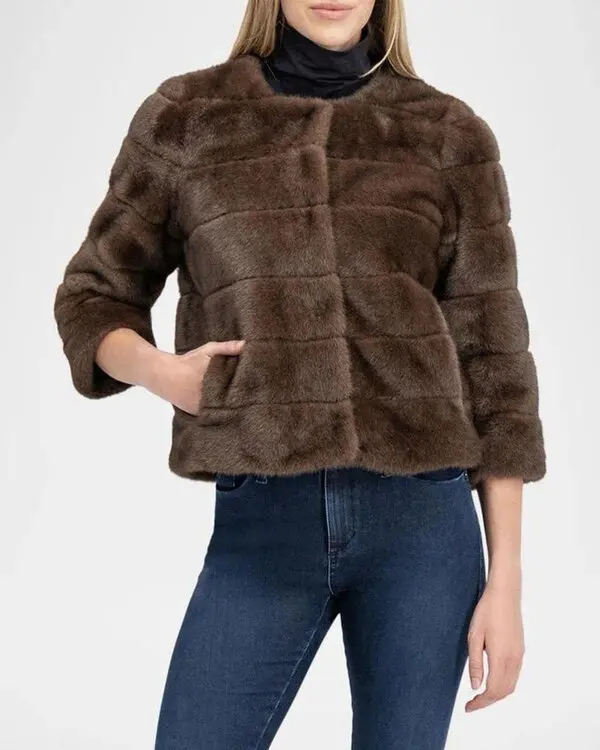 LYLA GRANT Faux Mink Quilted Short Coat - Brown