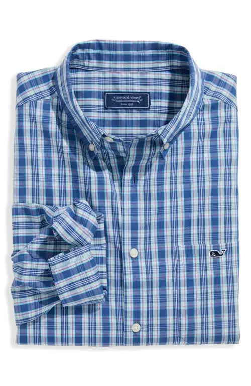 Vineyard Vines Wavecrest Plaid Stretch Cotton Poplin Button-down Shirt - Moonshine