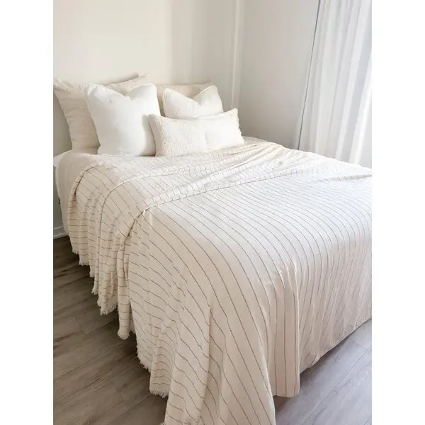 Anaya Smooth Cotton Ivory Bed Blanket With Stripes - Ivory/beige Stripe