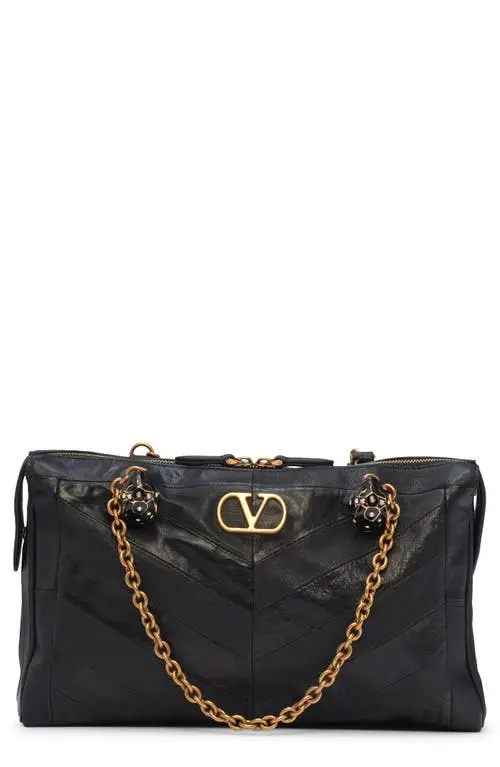 Valentino Garavani Medium Panthea Chevron Patchwork Leather Tote - Black