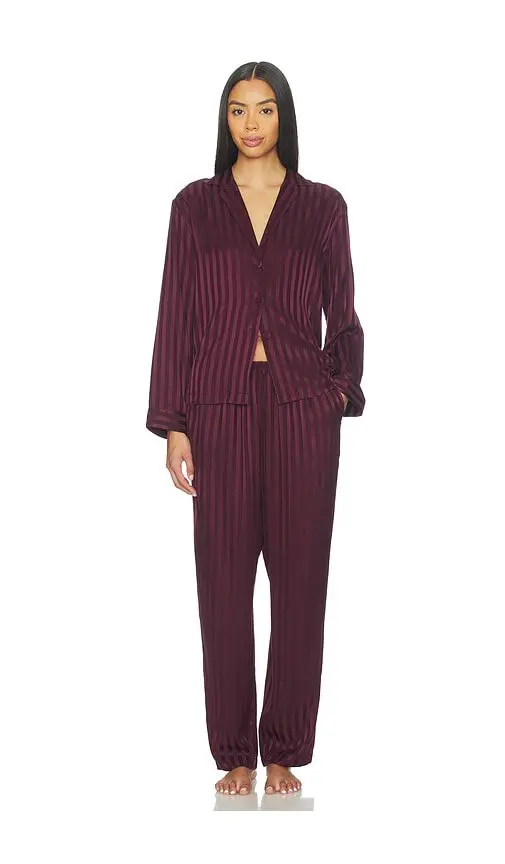 Lunya Washable Silk Striped Jacquard Long Sleeve Pant Set - Vintage Merlot