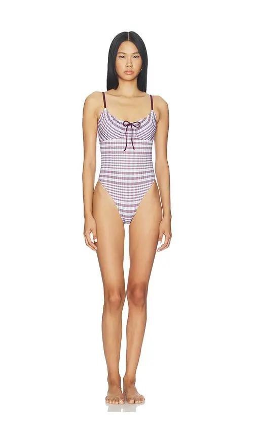 Good American Plaid Drawstring One Piece Swimsuit - Fig