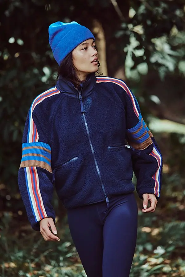 Free People Mountain High Sporty Logo Fleece Jacket - Navy