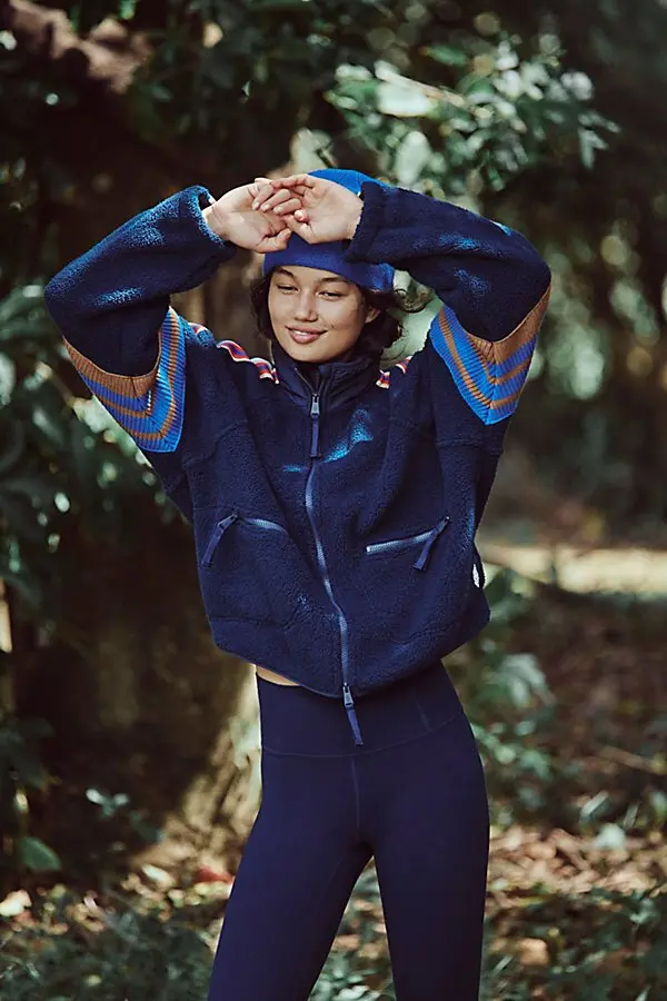 Free People Mountain High Sporty Logo Fleece Jacket - Navy