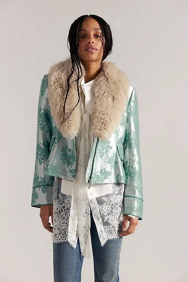 Free People Jacquard Jacket With Faux Fur Collar - Mermaid