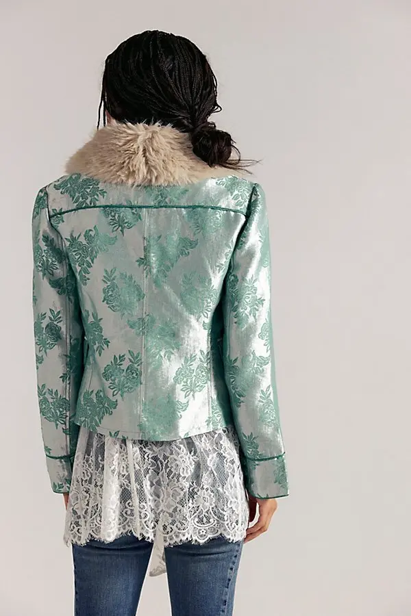 Free People Jacquard Jacket With Faux Fur Collar - Mermaid