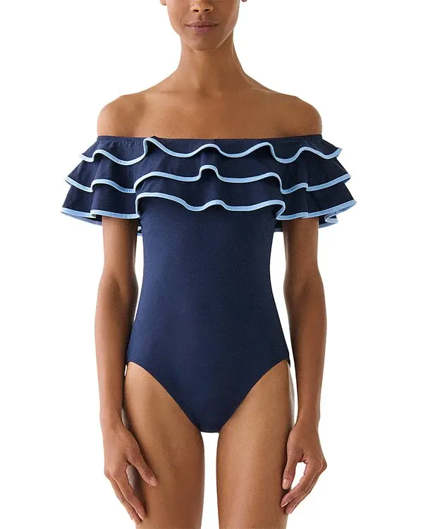 Kate Spade New York Ruffled One Piece Swimsuit - Planetary Navy