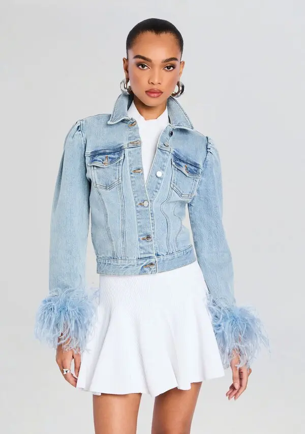 Retrofete Libby Denim Jacket With Feather Trim