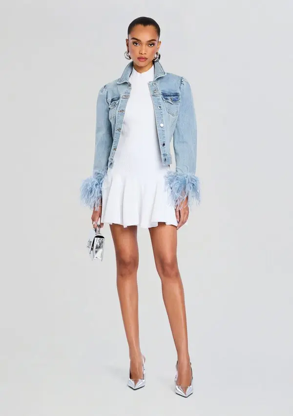 Retrofete Libby Denim Jacket With Feather Trim
