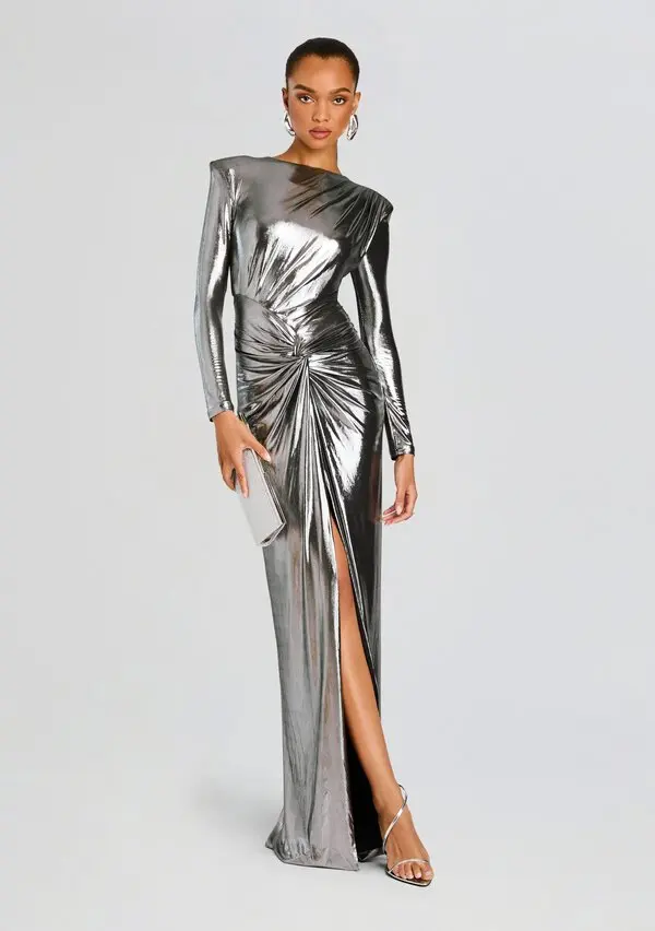 gunmetal grey long dress Marcel Off Shoulder Diamante Maxi Dress / Gunmetal | MESHKI main image 0