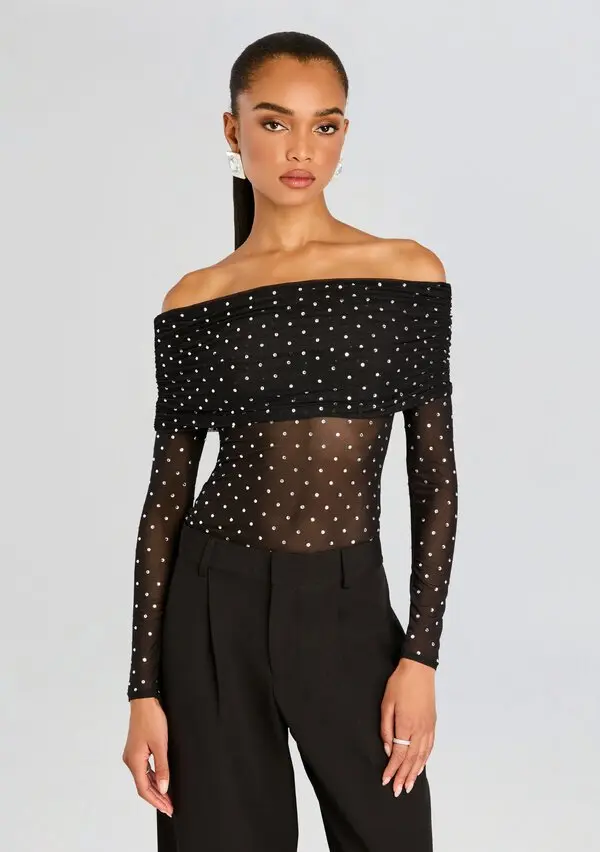 Retrofete Oriana Embellished Mesh Top