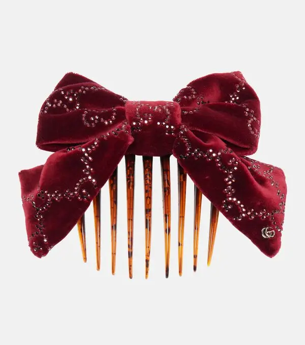 Gucci Gg Embellished Cotton Velvet Hair Comb - Burgundy