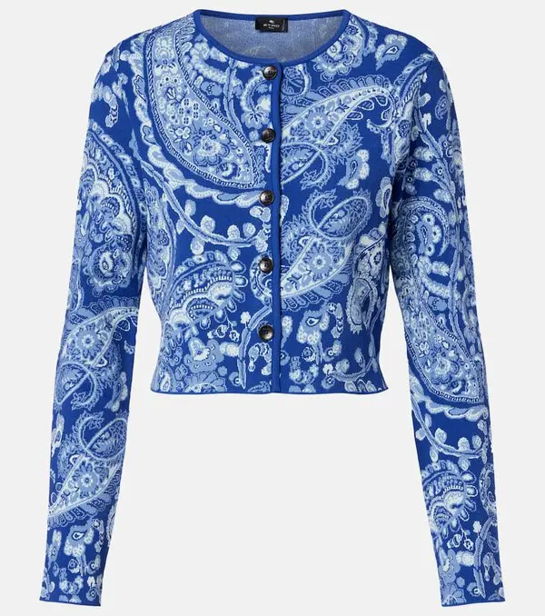Etro Paisley Cropped Jacquard Cardigan - Blue