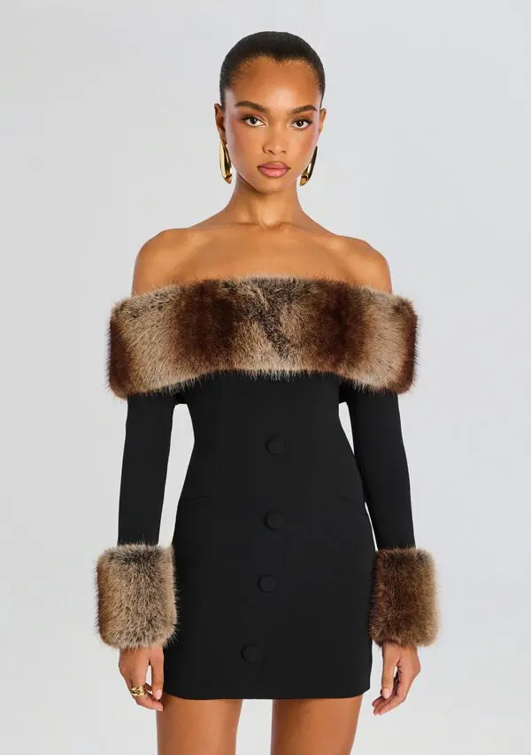 Retrofete Elspeth Faux Fur Mini Dress - Black/Machiatto | Editorialist