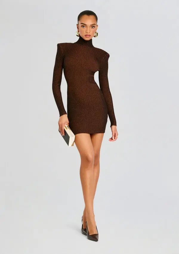 SEROYA Moda Rib Knit Mini Dress - Camel/black