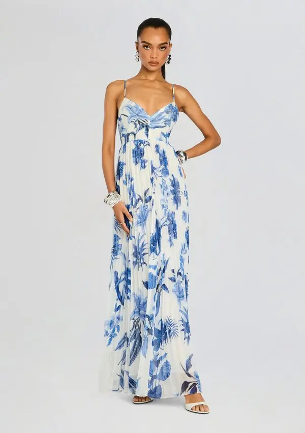 Rococo Sand Gabi Pleated Maxi Dress - White Blue