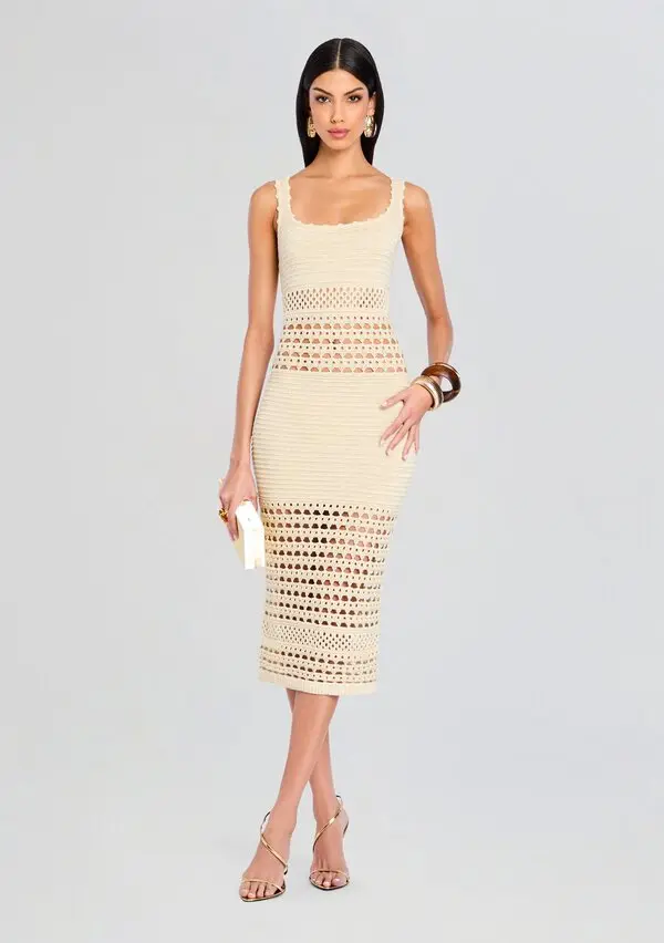 Retrofete Avril Knit Crochet Midi Dress - Ivory/gold