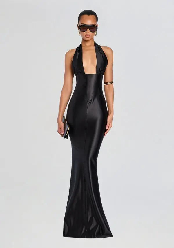 Retrofete Halterneck Gown With Open Back - Black