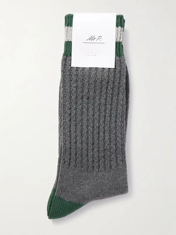 Mr P. Striped Ribbed Cotton-blend Socks - Gray