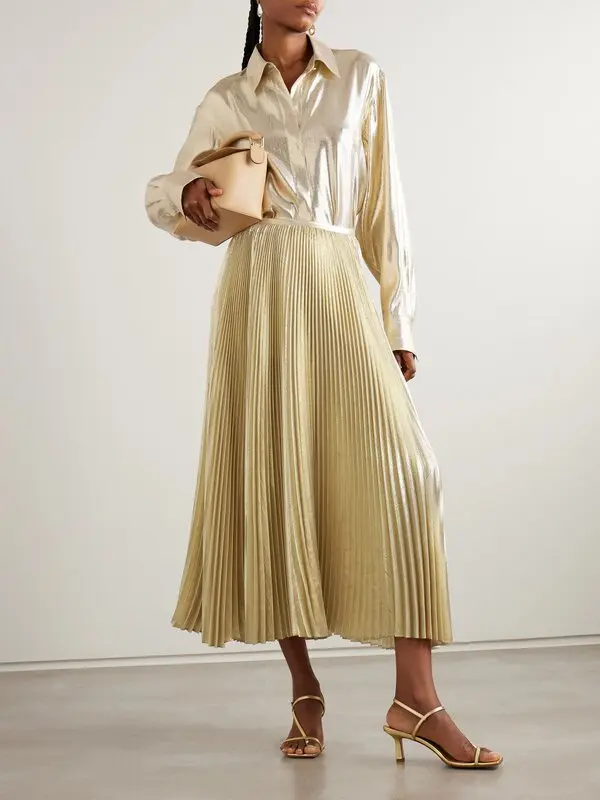 JOSEPH Essai Metallic Plissé Silk-blend Midi Skirt - Gold