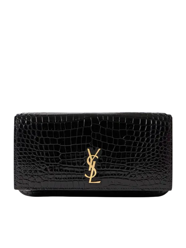Saint Laurent Cassandre Croc-effect Leather Phone Pouch - Black