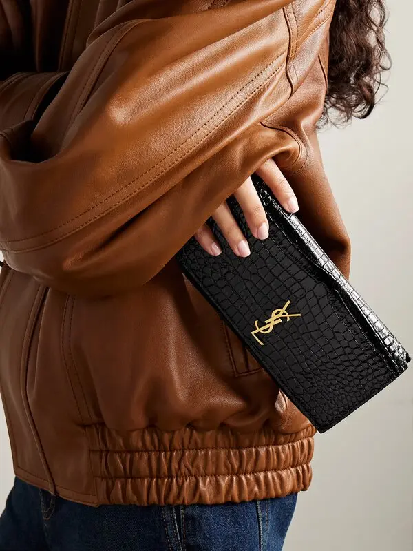 Saint Laurent Cassandre Croc-effect Leather Phone Pouch - Black