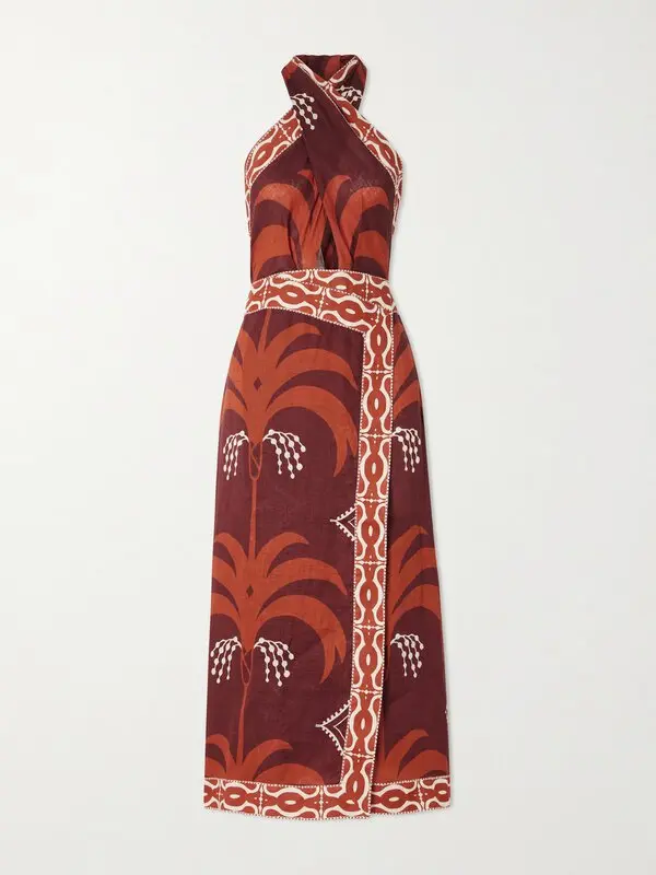 Johanna Ortiz Cutout Printed Linen Halterneck Maxi Dress - Red