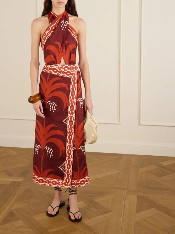 Johanna Ortiz Cutout Printed Linen Halterneck Maxi Dress - Red