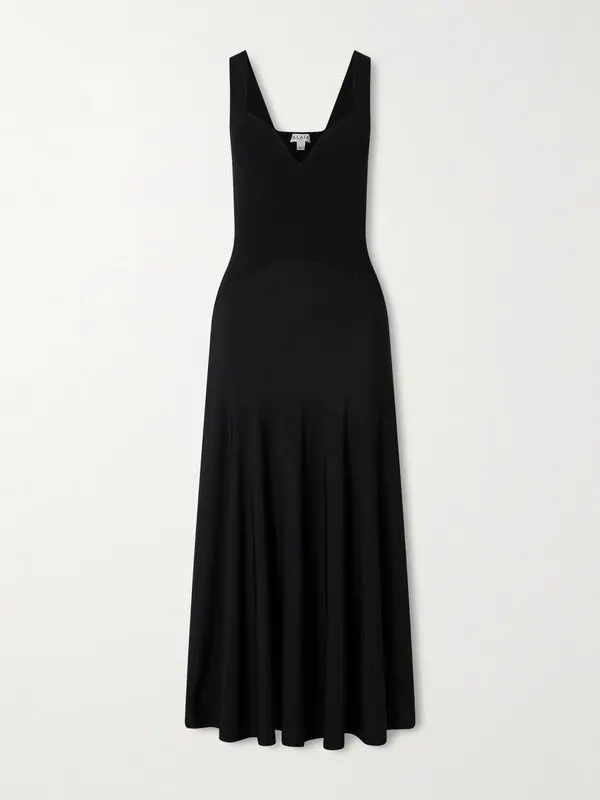 Alaïa Ribbed-knit And Jersey Pleated Midi Dress - Black