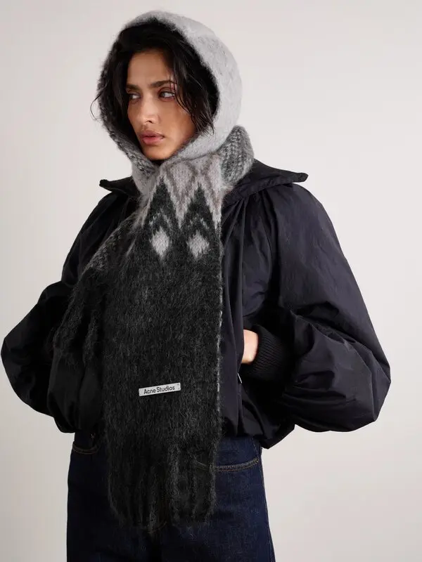 Acne Studios Hooded Fringed Mohair And Wool-blend Jacquard Scarf - Gray
