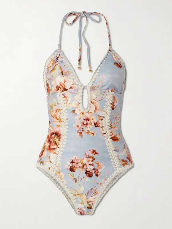 Zimmermann Awaken Crochet-trimmed Floral-print Halterneck Swimsuit - Blue