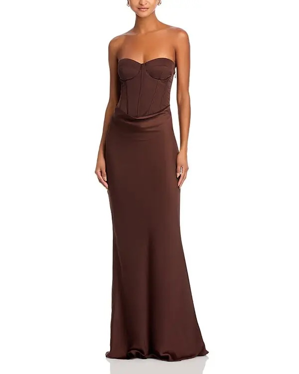 ROTATE BY BIRGER CHRISTENSEN Satin Corset Maxi Dress - Coffee Chicory