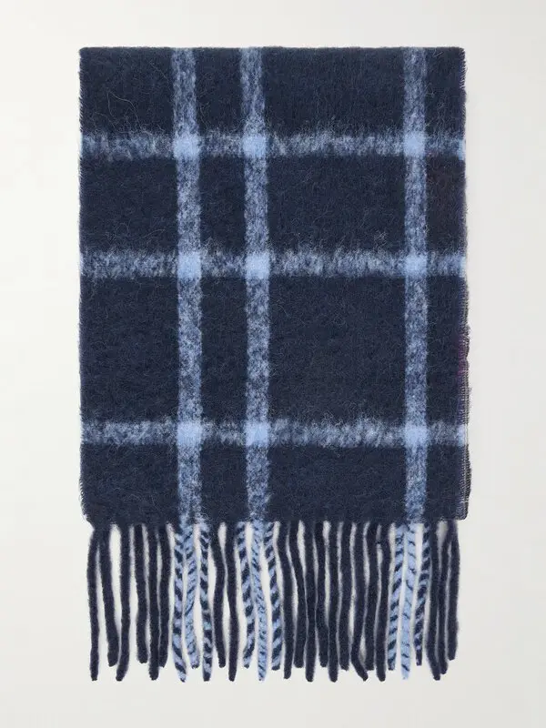 THE ELDER STATESMAN Fringed Checked Alpaca-blend Scarf - Blue