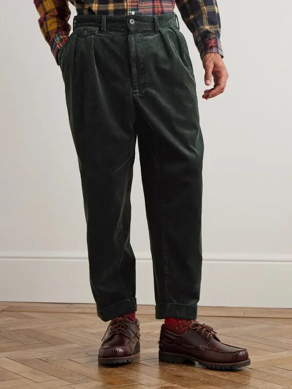 BEAMS Cropped Pleated Cotton-corduroy Trousers