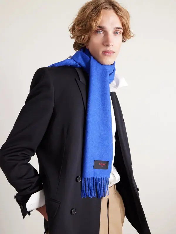 Celine Logo-AppliquéD Fringed Cashmere Scarf - Blue | Editorialist