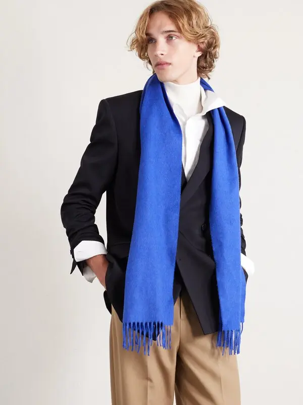 Celine Logo-AppliquéD Fringed Cashmere Scarf - Blue | Editorialist