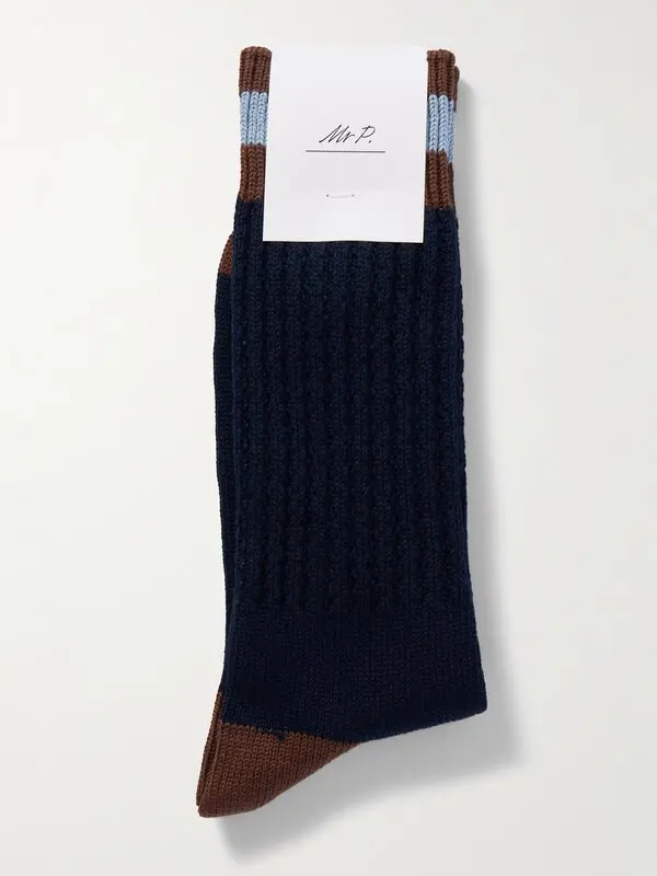 Mr P. Striped Ribbed Cotton-blend Socks - Black